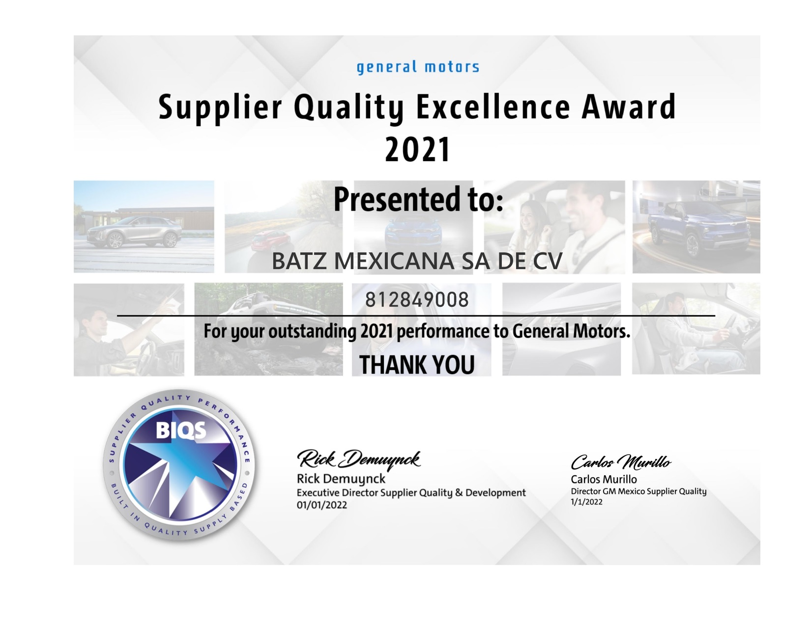 Batz Mexicana, General Motors Co. Supplier Quality Excellence Award ...