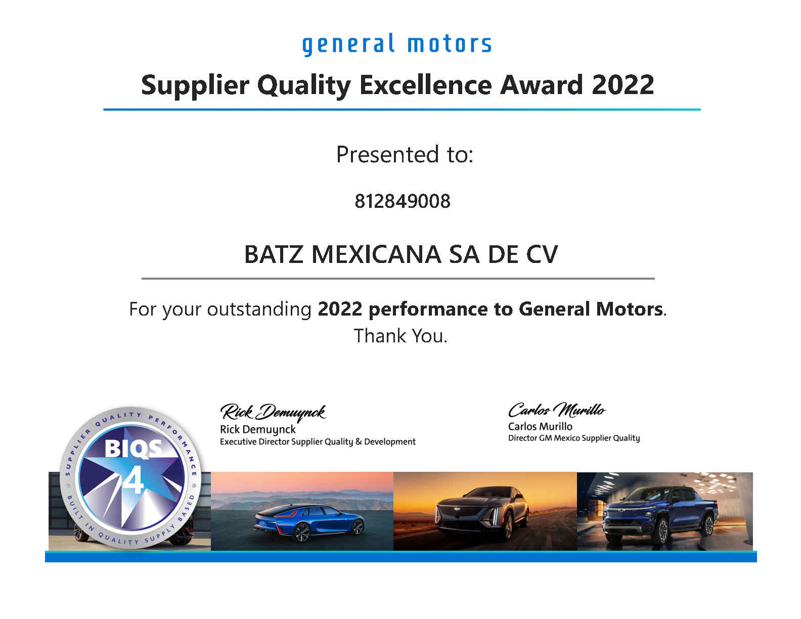 Batz Mexicana, General Motors Co. Supplier Quality Excellence Award ...